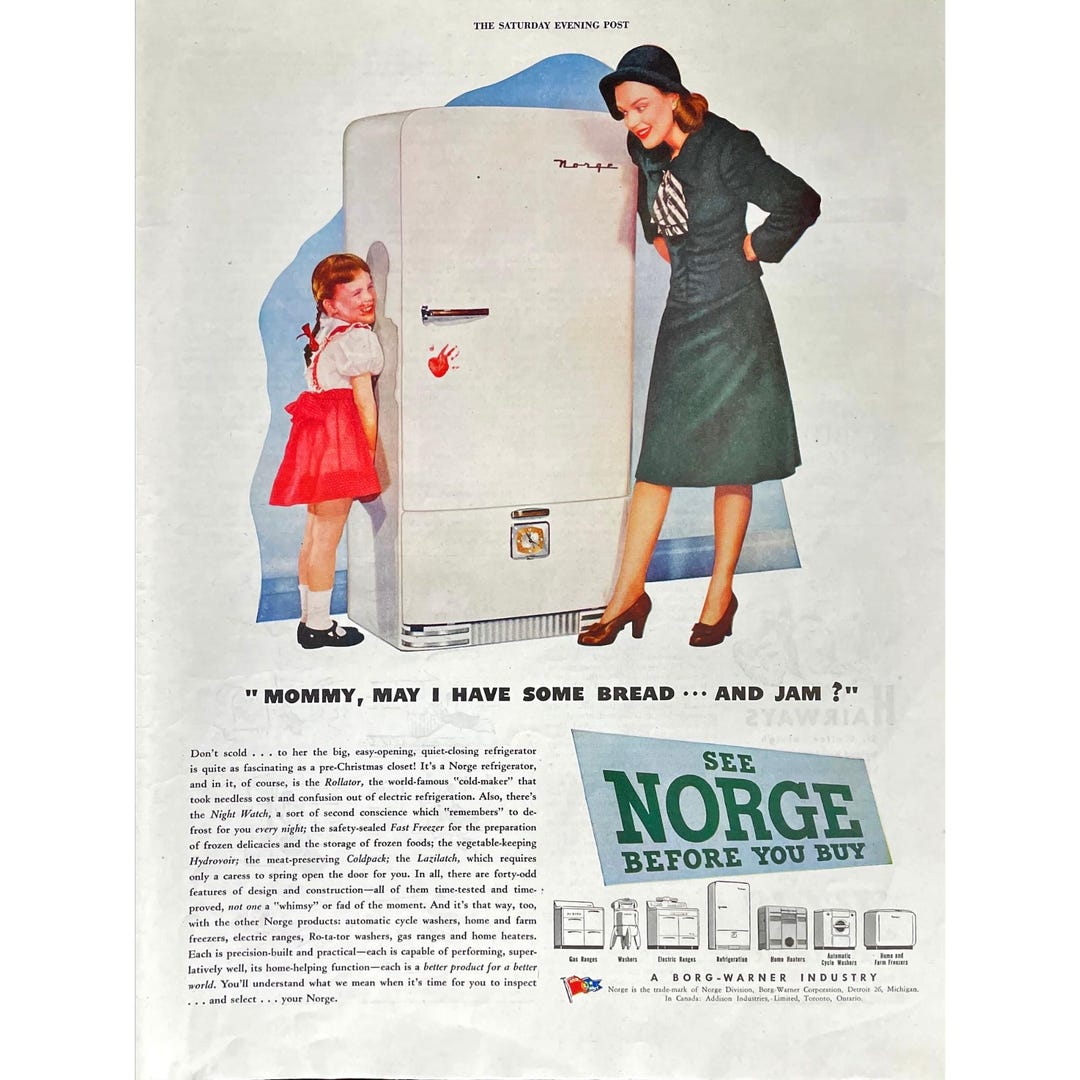Norge Refrigerator Vintage Print Ad 1945 Magazine MCM Appliances Retro ...