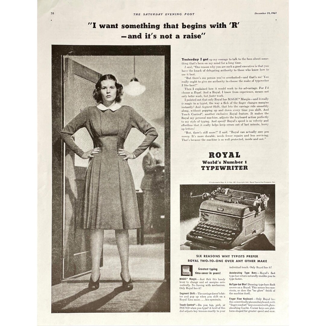1941 Royal Typewriters Vintage Print Ad Mad Secretary Retro Typewriter ...