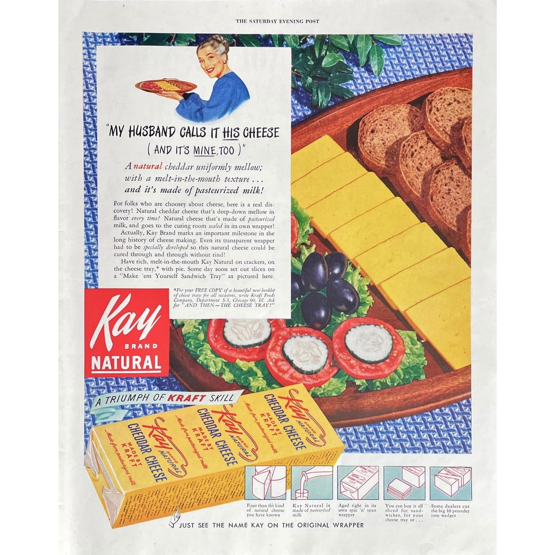 Kraft Kay Cheddar Cheese Vintage Print Ad 1948 Retro Cheese Memorabilia ...
