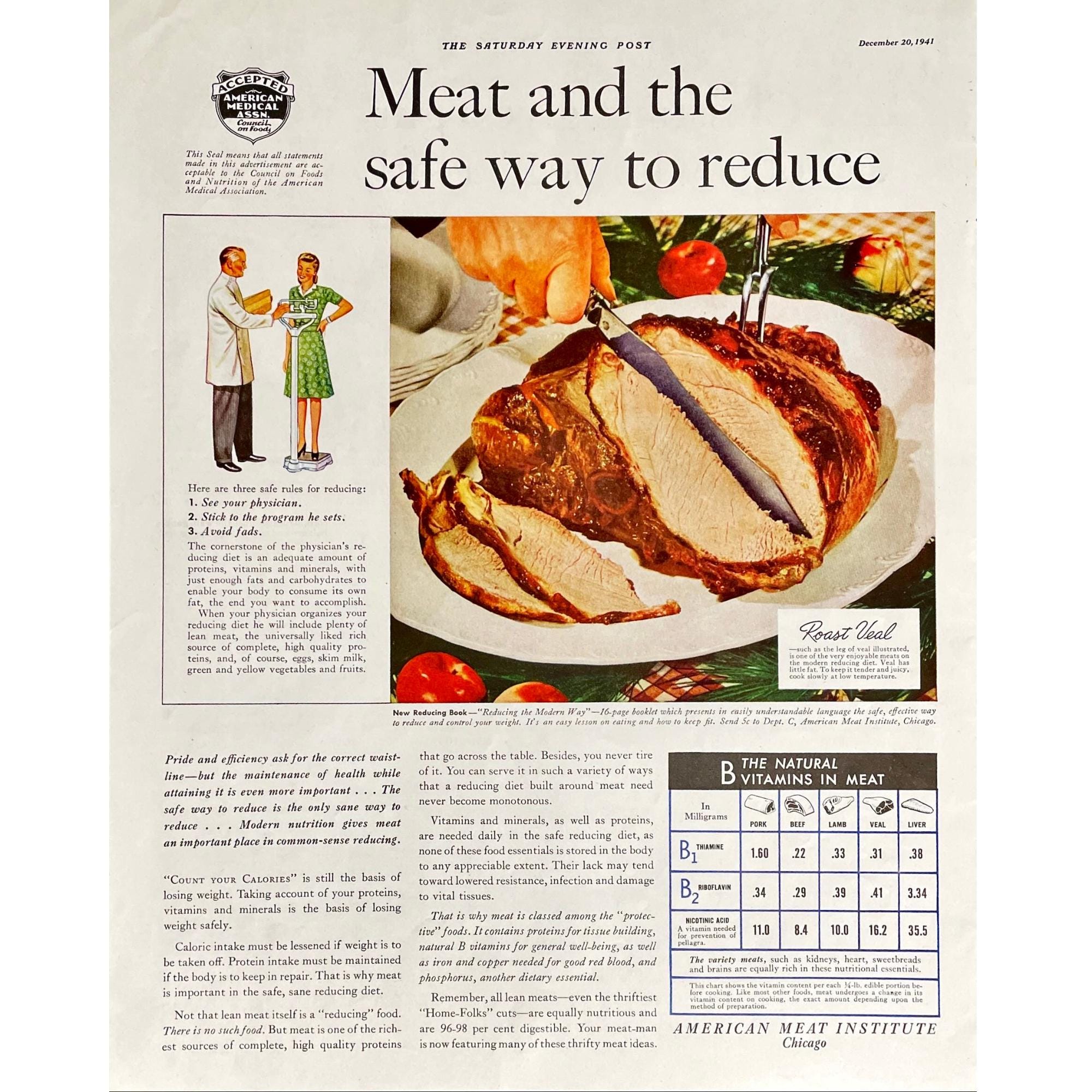 1941 American Meat Institute Vintage Print Ad Roast Veal Retro Diet ...