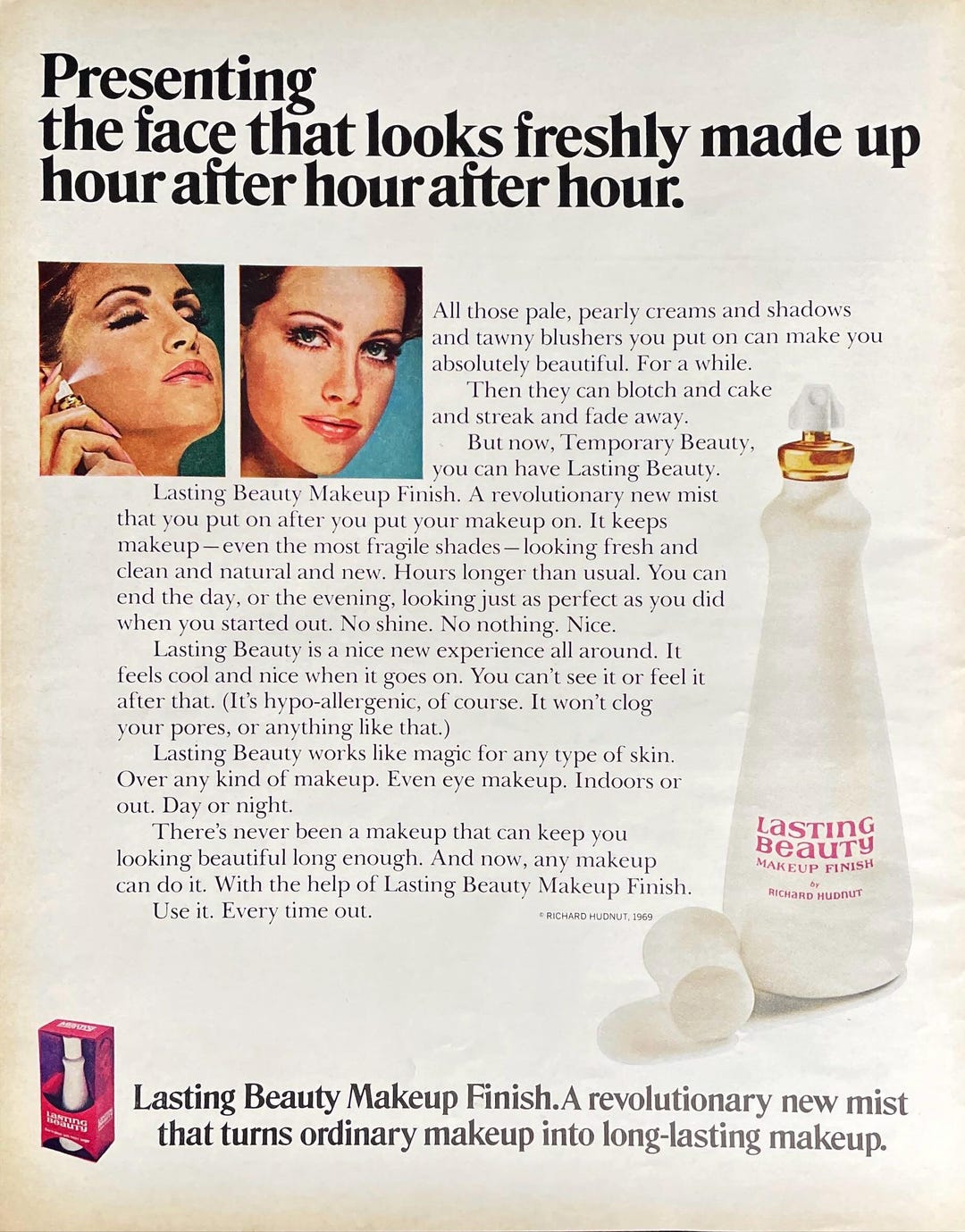 Lasting Beauty Makeup Vintage Print Ad 1969 Finishing Mist Retro Makeup ...