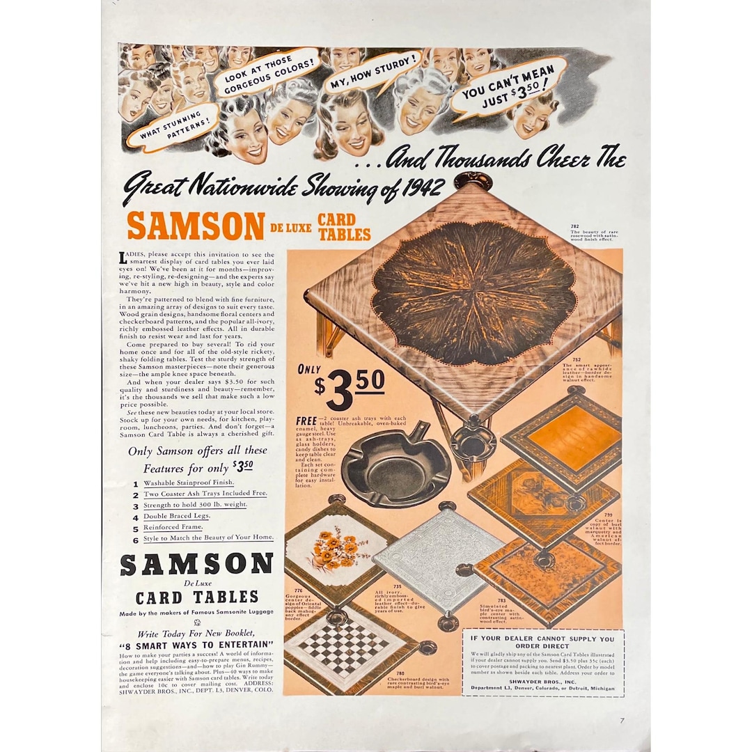 Samson Card Tables 1942 Vintage Print Ad Retro Game Table Memorabilia ...