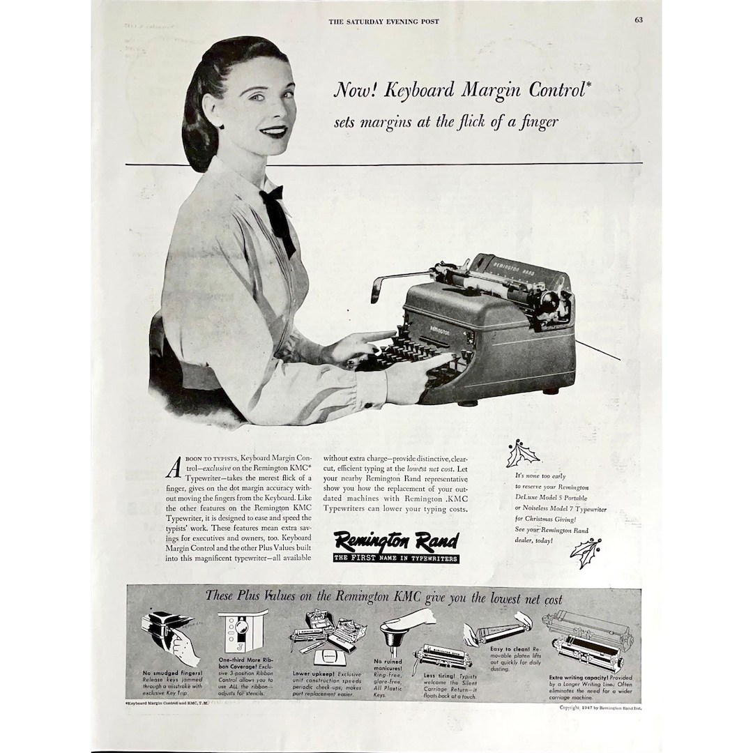 Remington Rand Typewriters Vintage Print Ad 1947 Retro Secretary Typing ...