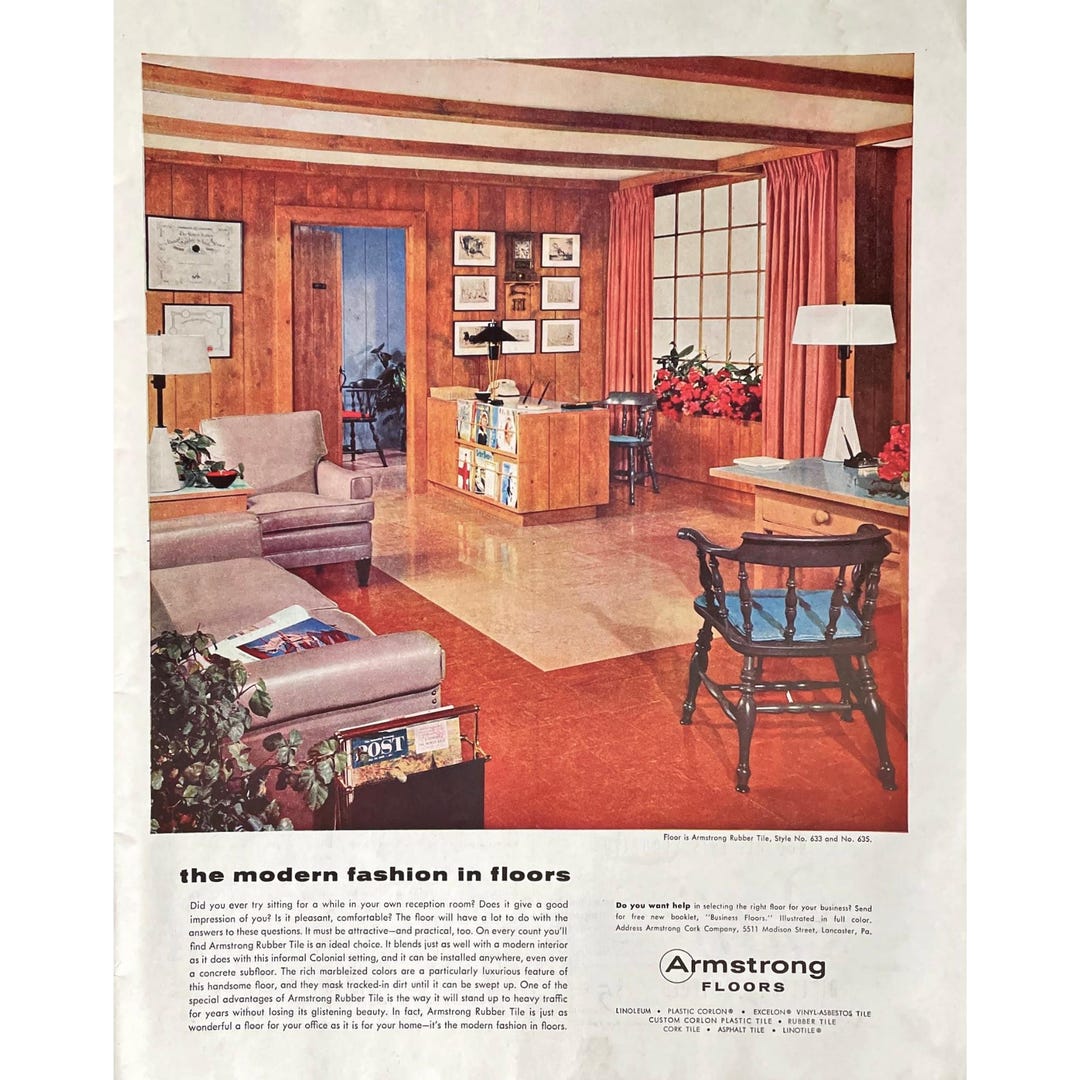 1955 Armstrong Flooring Vintage Print Ad Office Reception Mid Century ...