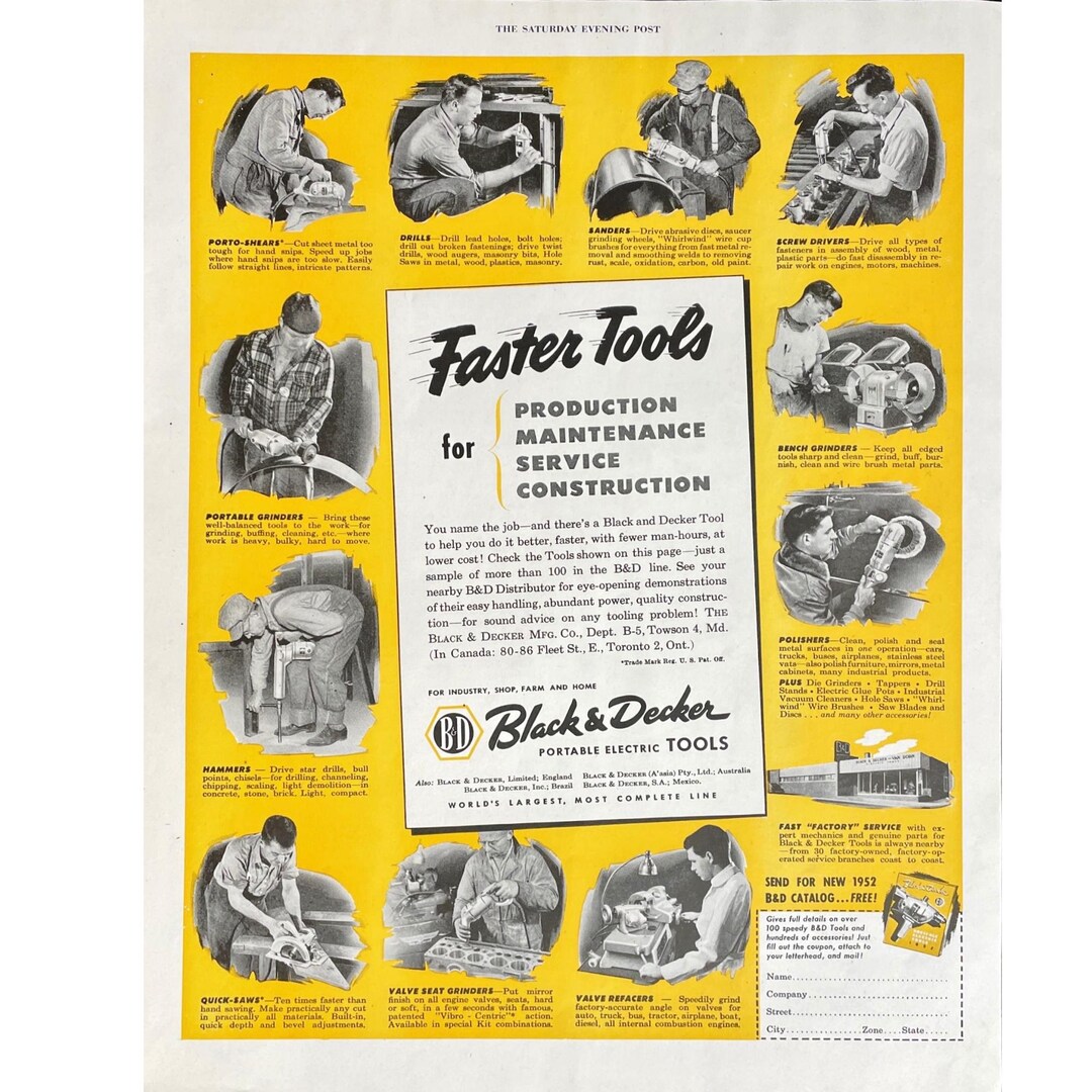 Black & Decker Tools Vintage Print Ad 1952 Retro Electric Tools Ad ...