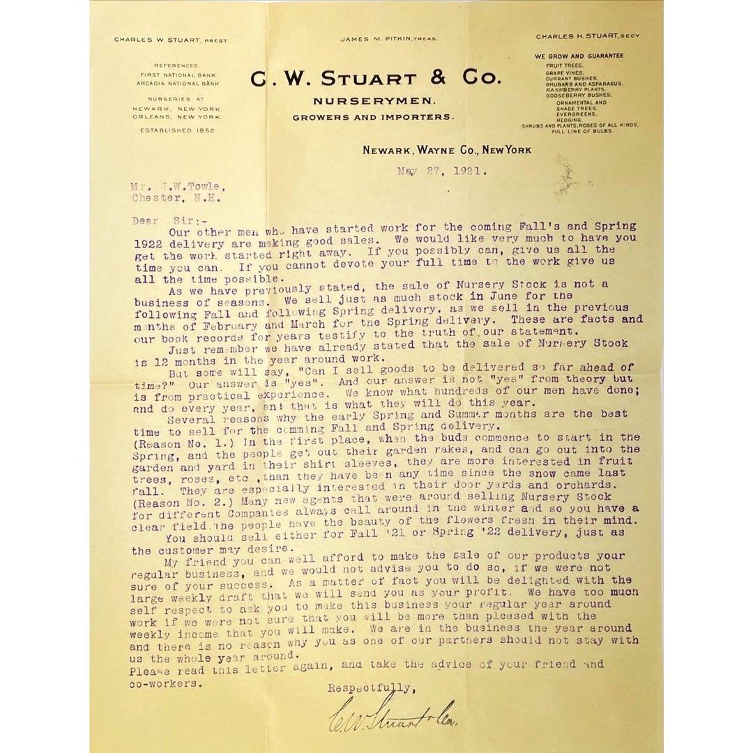 Vintage 1921 C.W. Stuart & Co. Nursery Tree Grower Letterhead Typed ...