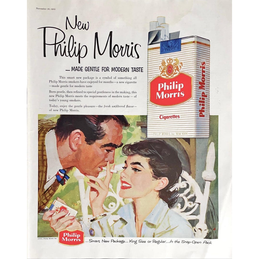 1955 Philip Morris Cigarettes Vintage Print Ad Retro Couple Smoking ...