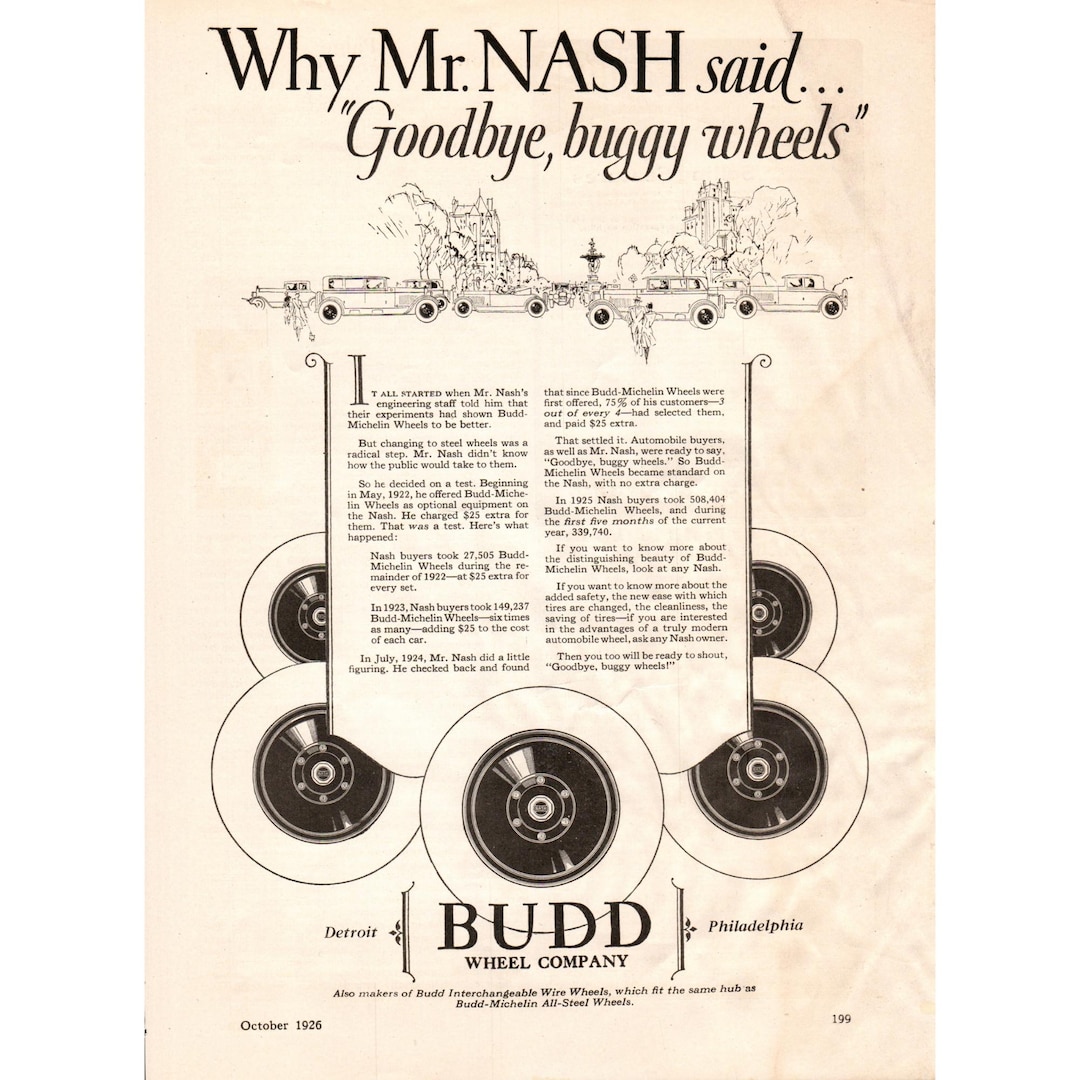1926 Budd Wheel Company Vintage Print Ad Antique Car Wheels Memorabilia ...