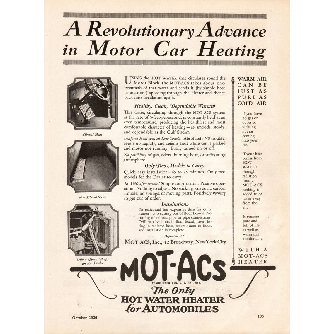 1926 Mot-acs Car Heaters Vintage Print Ad Antique Car Parts Memorabilia ...