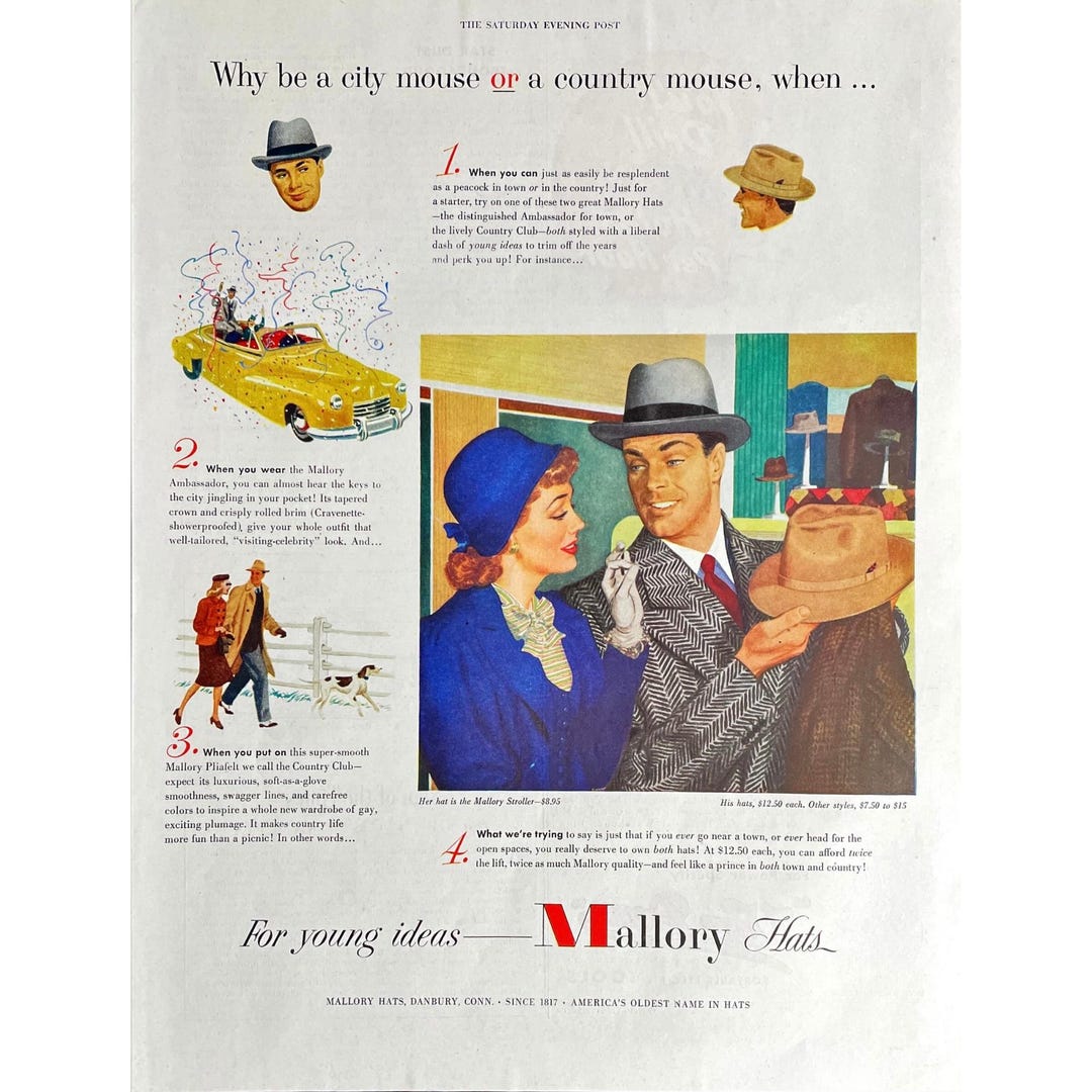 Mallory Hats Vintage Print Ad 1947 Retro Men's Hats Mid Century Modern ...
