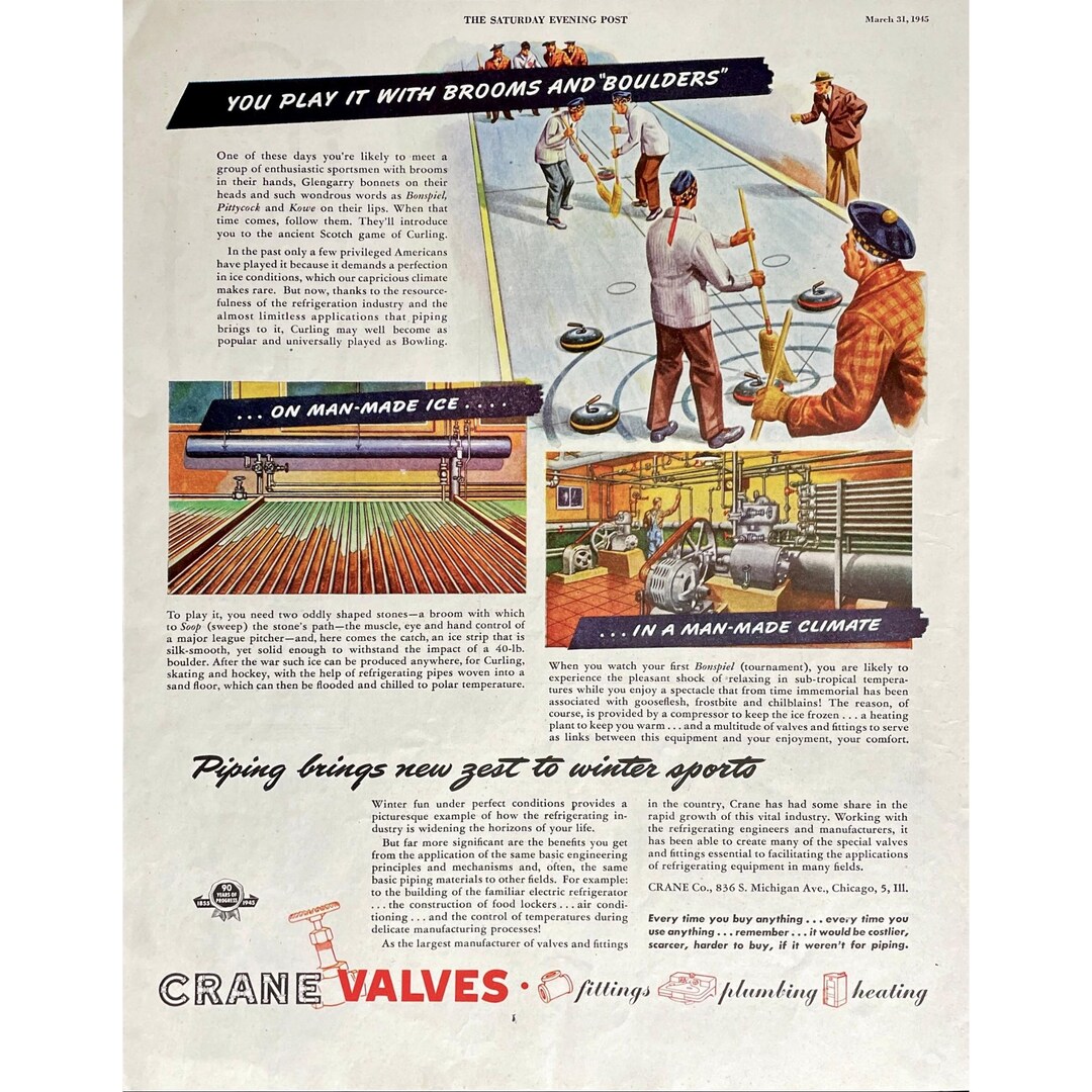 Crane Valves Vintage Print Ad 1945 Retro Industrial Fittings Curling on ...