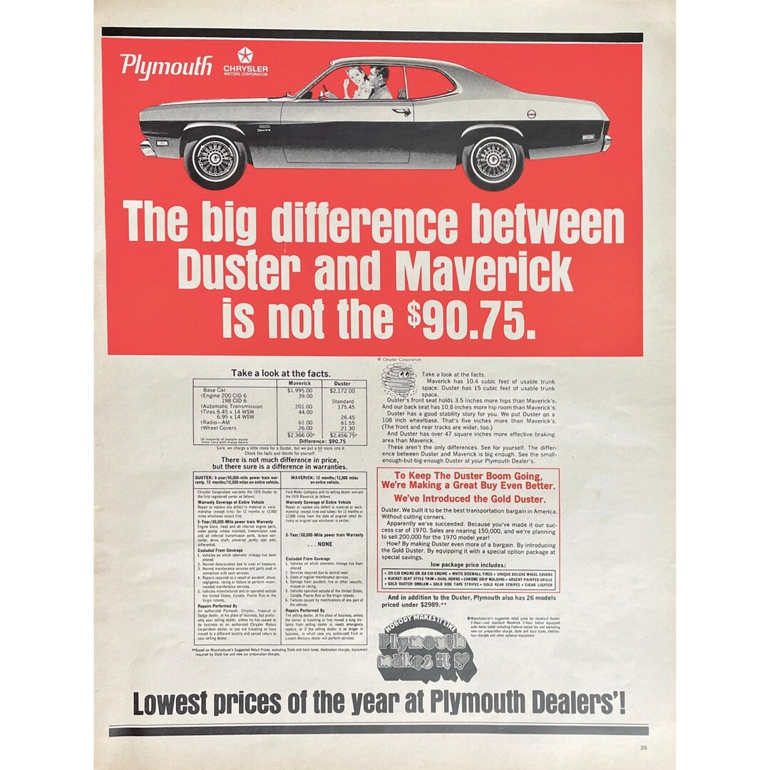 1970 Plymouth Duster Vintage Print Ad Retro Duster Memorabilia Vintage Car Ads Vintage Plymouth ...