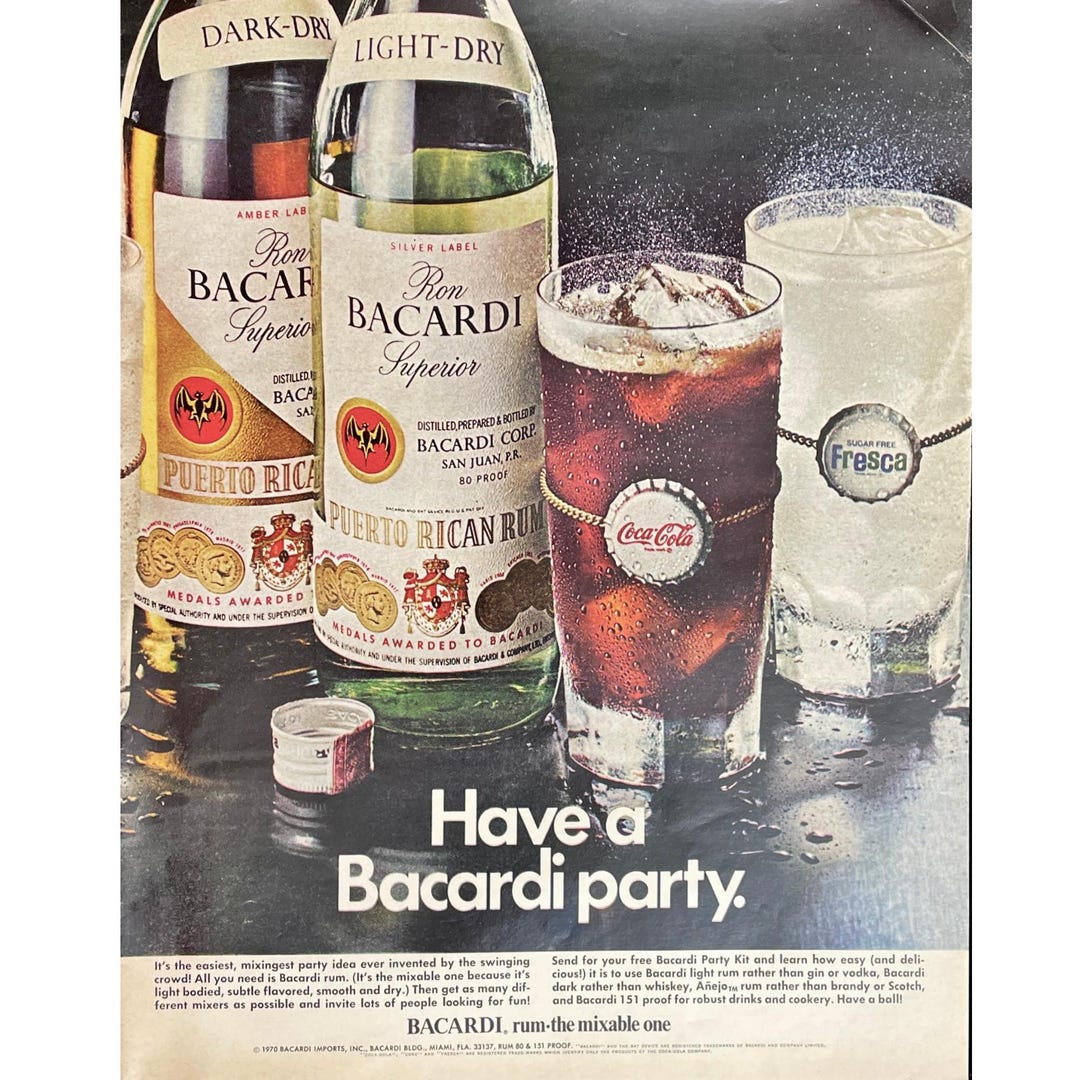 1970 Bacardi Rum Vintage Print Ad Bacardi Rum & Coke Memorabilia Retro ...