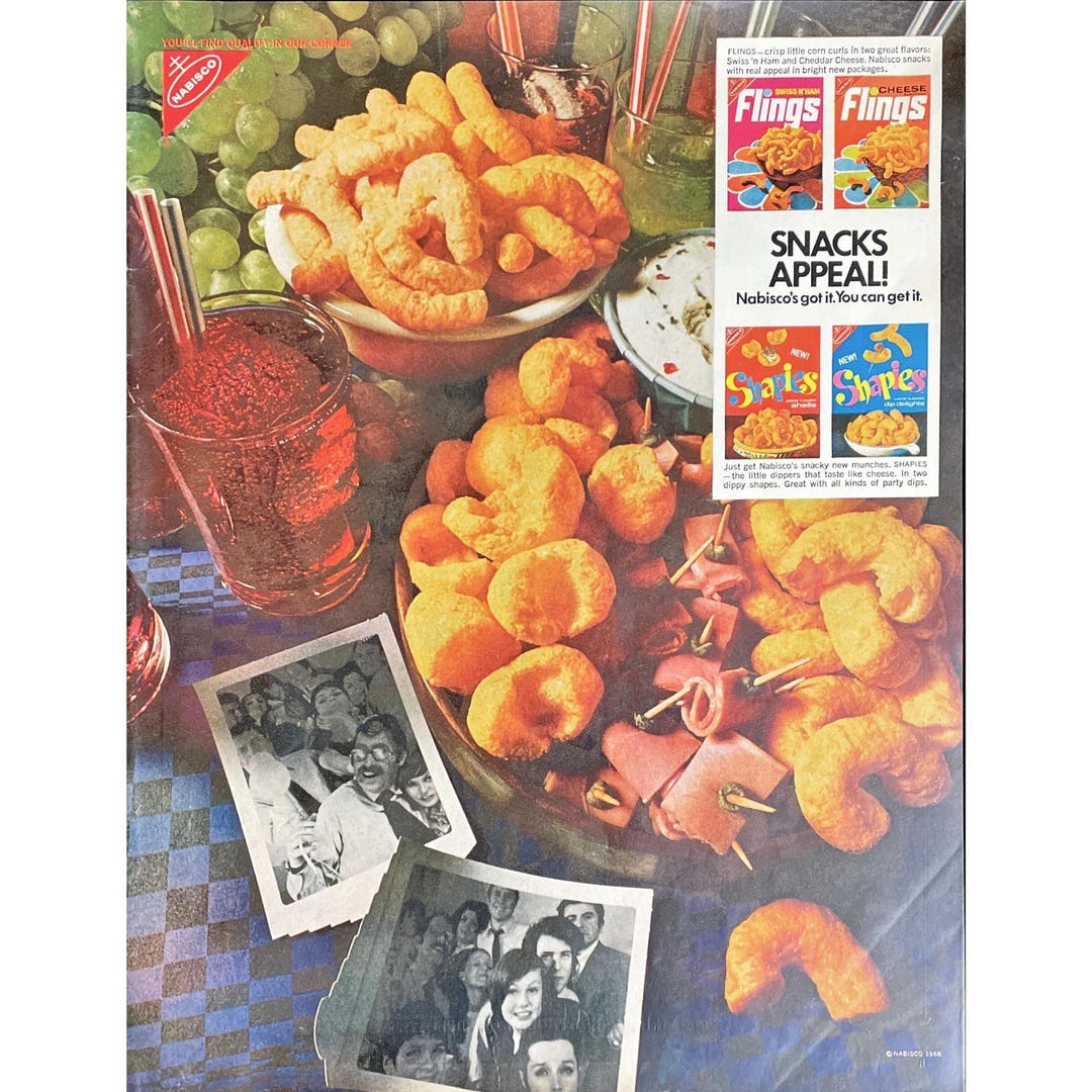 Nabisco Snacks Shapies Flings 1968 Vintage Print Ad Retro Food Photo Ad ...
