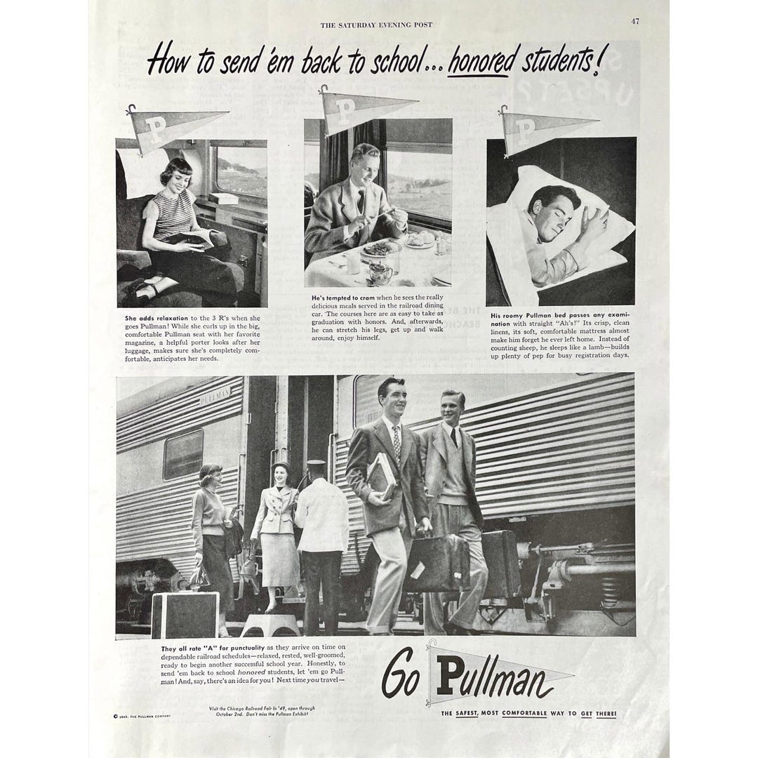 Pullman Railroad Cars 1949 Vintage Print Ad Train Travel Students ...