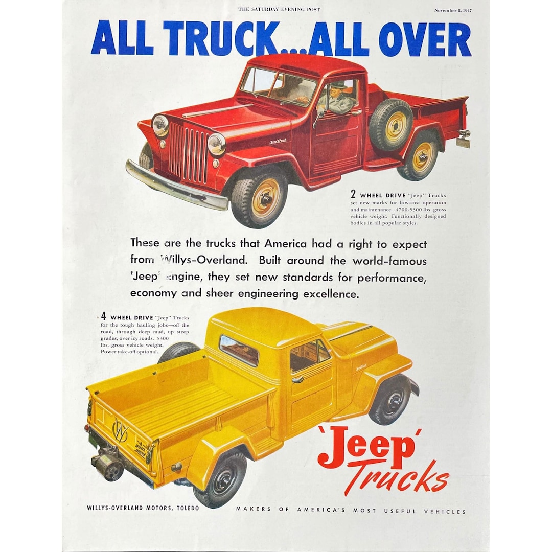 Jeep Trucks Vintage Print Ad 1947 Willys Overland Truck Retro Jeep ...