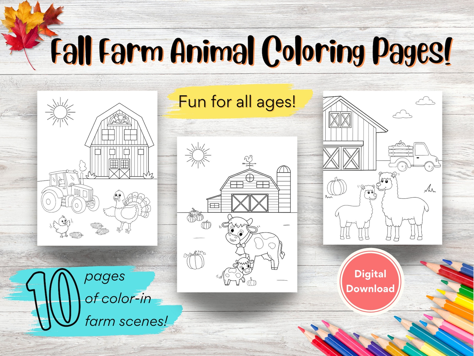 Farm Animal Printable Coloring Pages for Kids- Fall Theme, Happy Animal ...