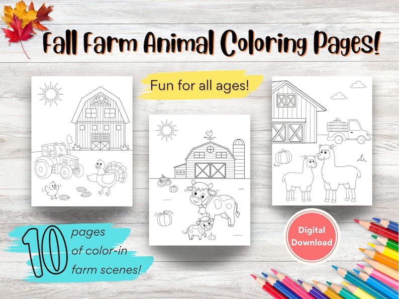 Farm Animal Printable Coloring Pages for Kids Fall Theme - Etsy