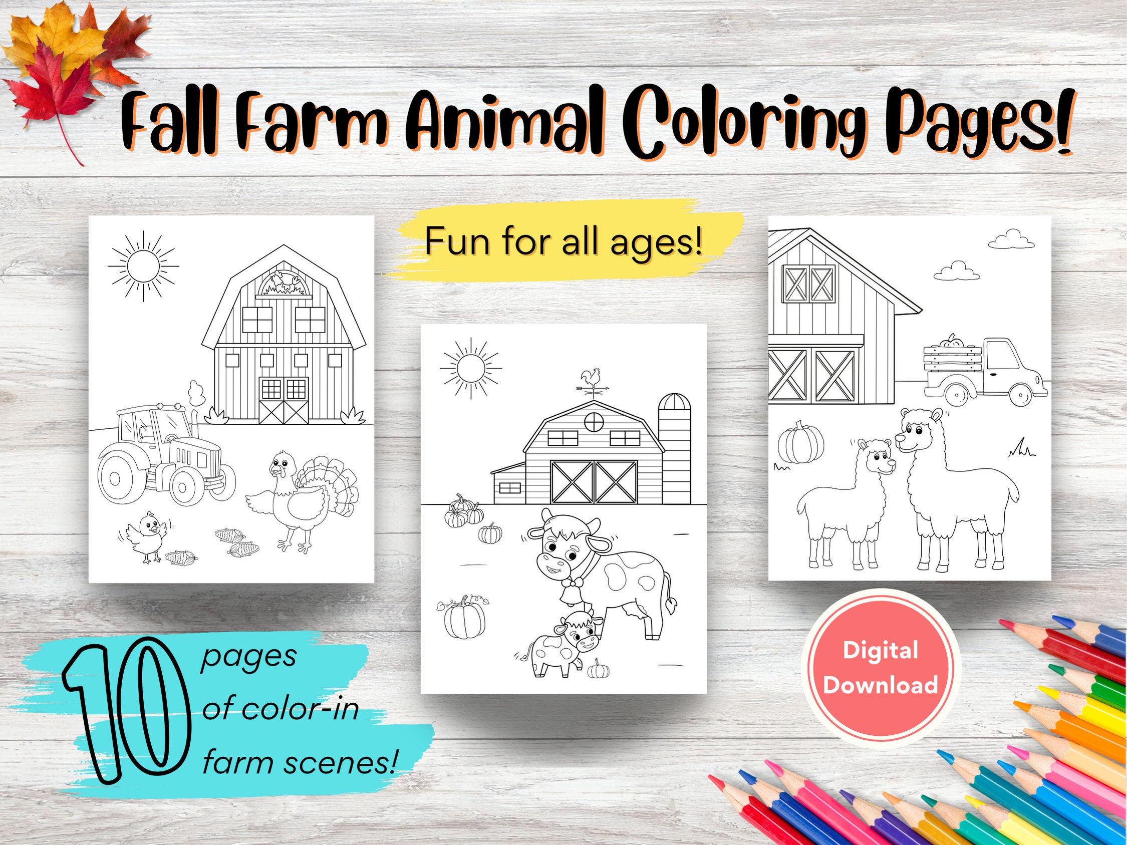 Farm Animal Printable Coloring Pages for Kids Fall Theme, Happy Animal ...