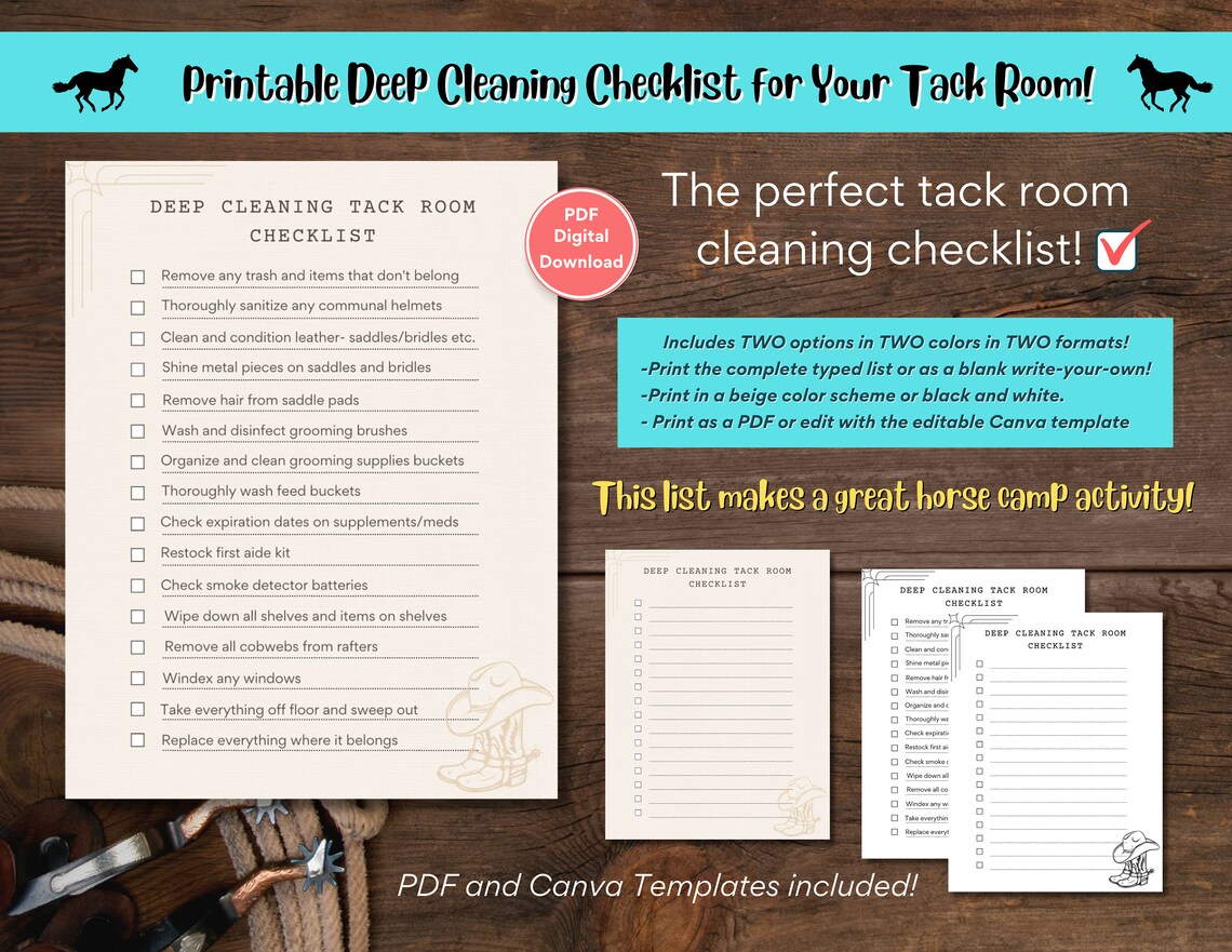 Printable Tack Room Cleaning Checklist- Printable, PDF, Cleaning ...