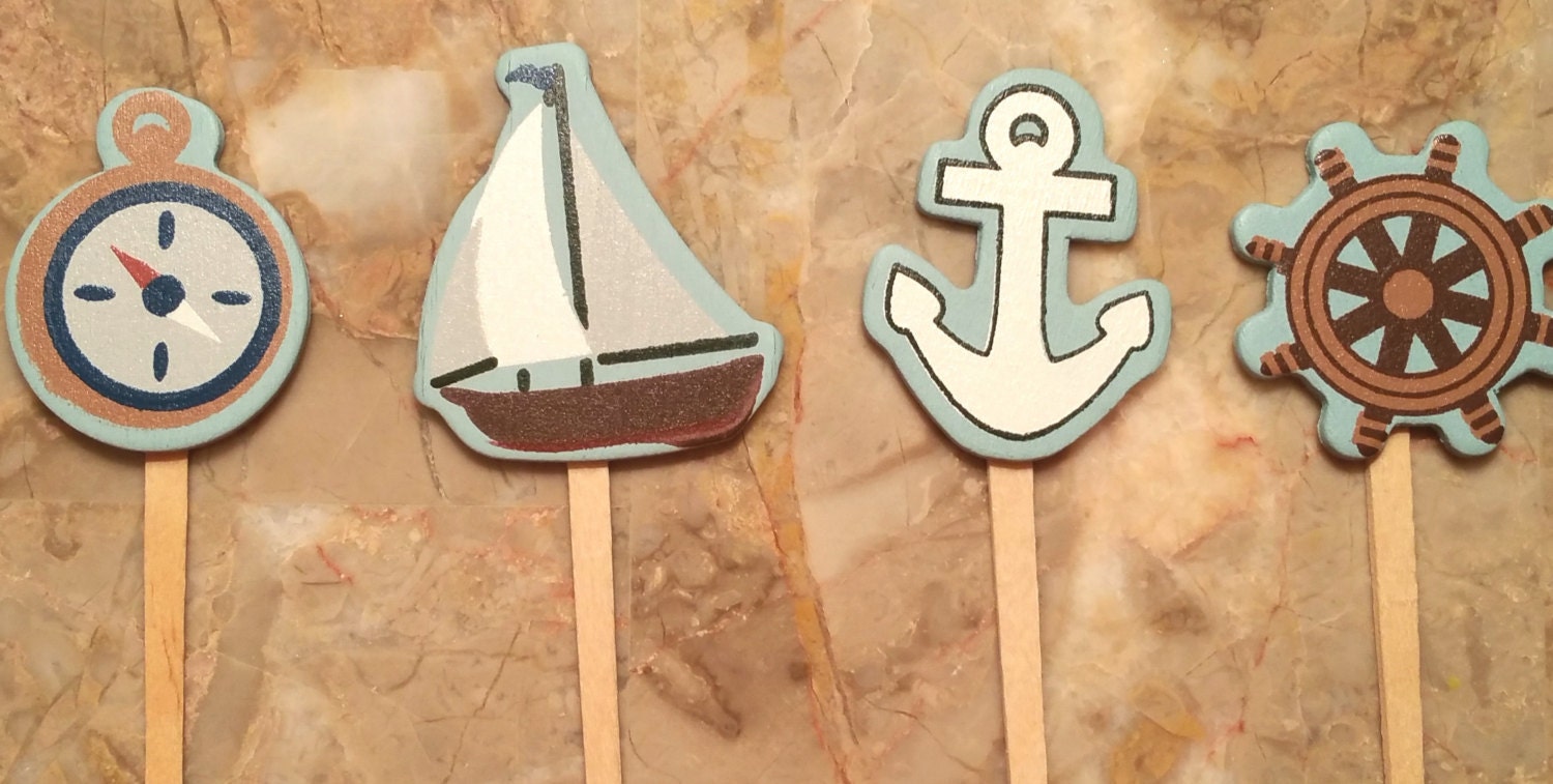 Nautical Themed Wood Toppers Sailboat, Anchor for Cupcakes, Decorations ...