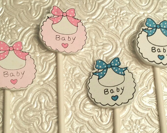 Choose Baby Boy Blue or Baby Girl Pink Bib Wood Toppers Decorations ...