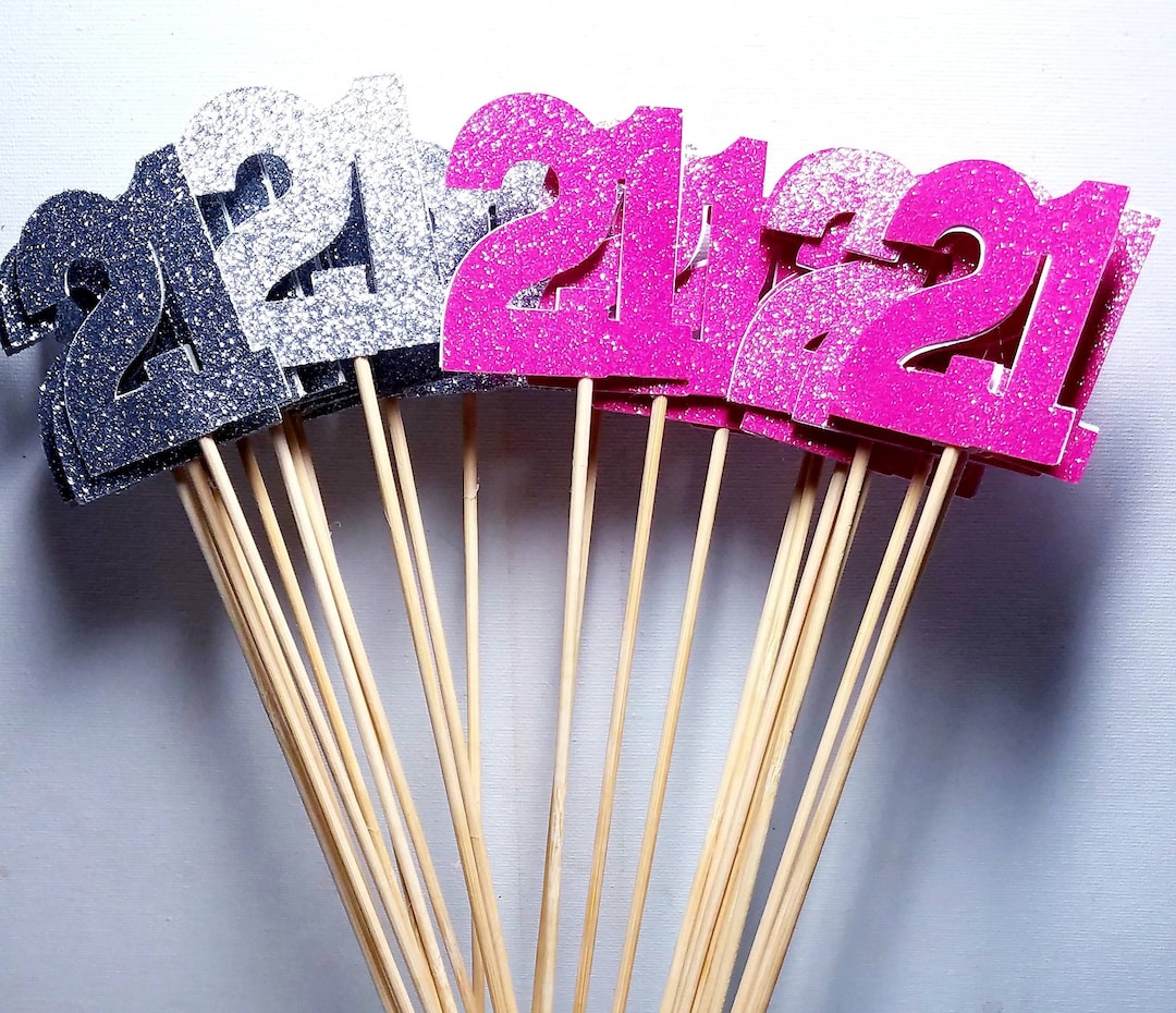 21 21st Party Centerpiece Toppers Sticks Picks Anniversary 2" Glitter ...