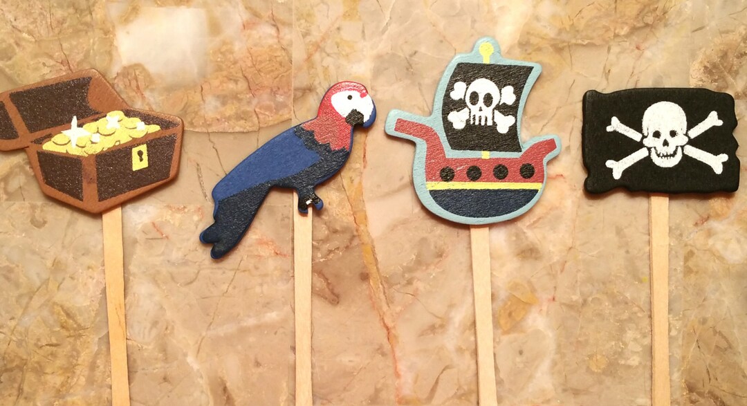 Ahoy! Pirate Themed Wood Toppers Ship, Parrot, Treasure for Cupcakes ...