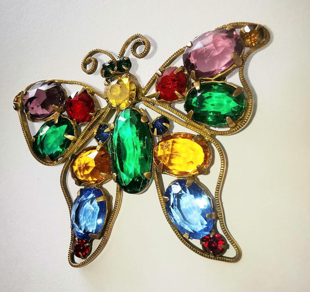 1930s Butterfly Brooch With Multi-coloured Faceted Czech Glass Stones ...