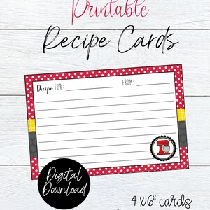 Printable Recipe Cards, Red and Yellow Recipe Cards, 4x6 Digital Recipe ...