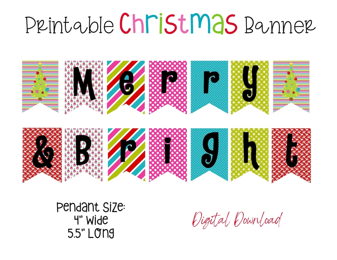 Merry & Bright Printable Banner, Christmas Banner, Printable Christmas ...