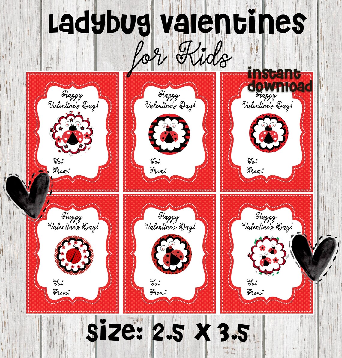 Printable Ladybug Valentines for Kids, Kids Valentine's Day Cards, Girl ...