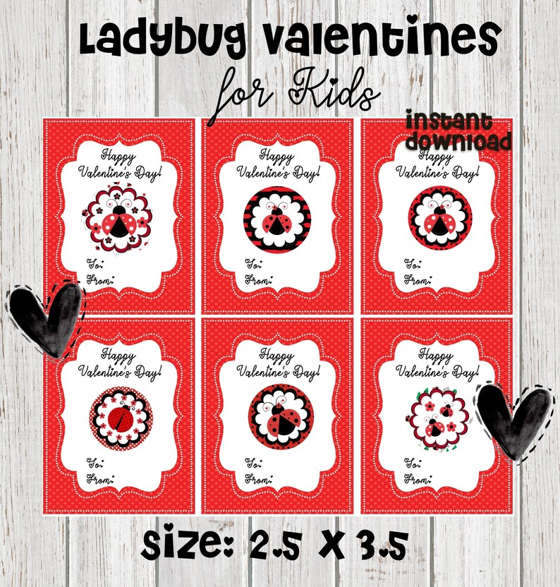 Printable Ladybug Valentines for Kids, Kids Valentine's Day Cards, Girl ...
