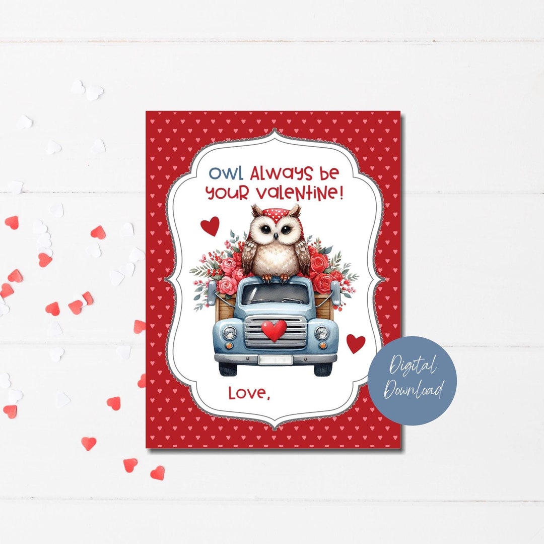 Printable Cute Owl Valentine Cards for Kids, DIY School Valentine Tags ...