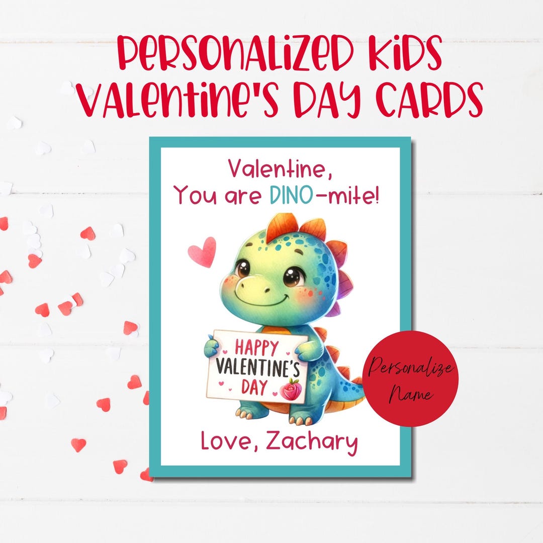 Dinosaur Valentines Day Cards, Personalized Kids Valentines, Classroom ...