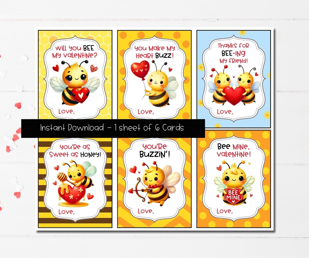 Printable Cute Bee Valentine Cards for Kids, Bumble Bee School ...