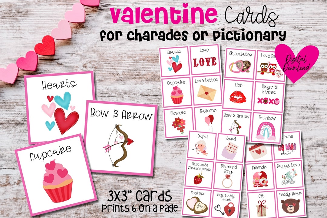 Valentines Cards for Charades or Pictionary, Valentines Game, Printable ...
