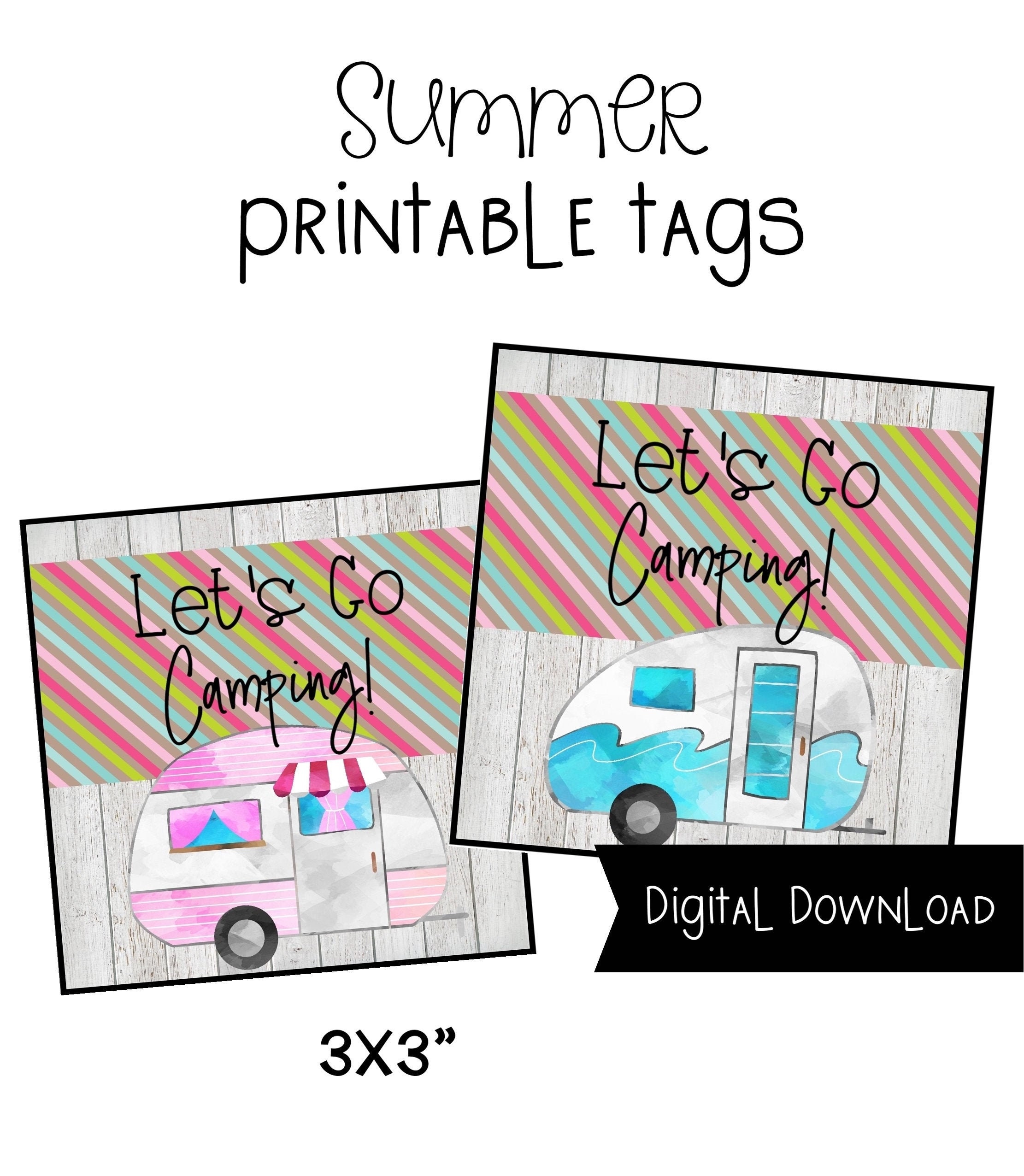 Let's Go Camping Printable Gift Tags-pink Camper-blue Camping-camping ...