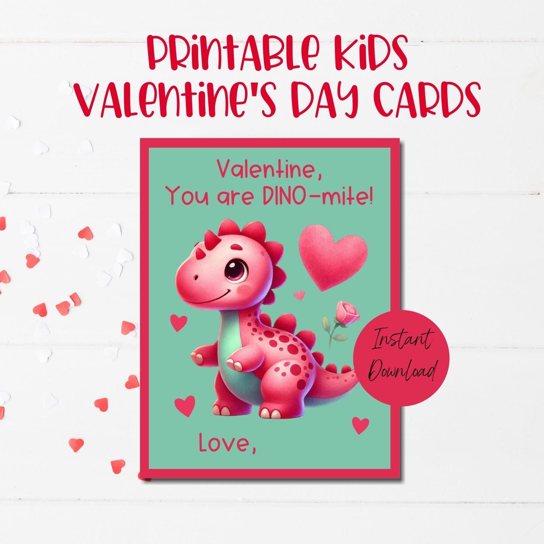 Printable Pink Dinosaur Valentines Day Cards, Kids Dino Valentine Cards ...