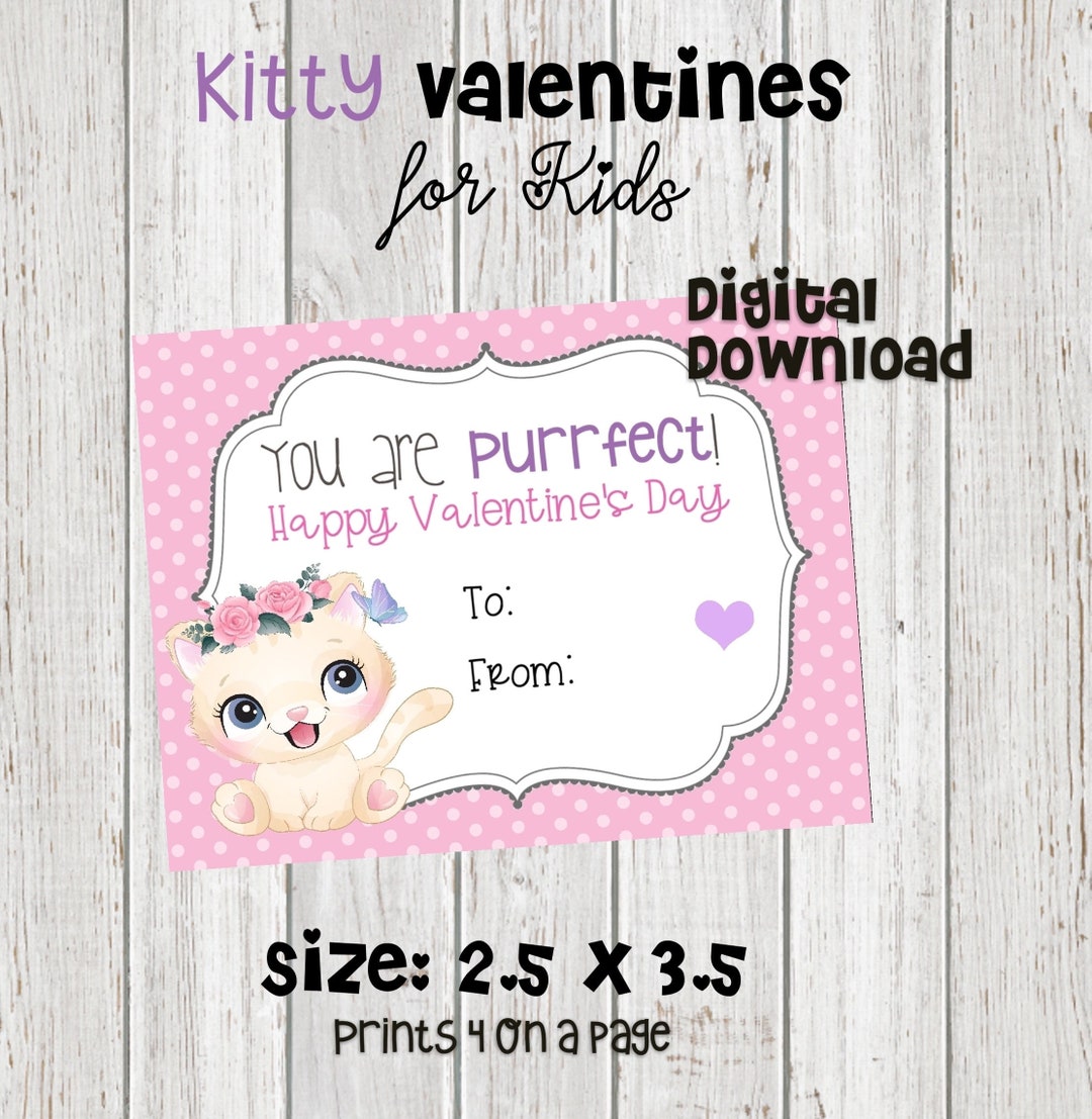 Kitty Valentine Cards, Kids Printable Valentine's Day Cards, Cat ...