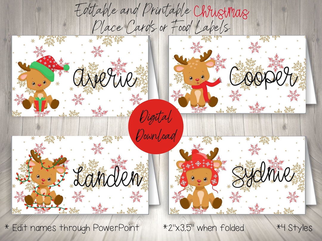 Reindeer Christmas Place Cards, Digital Christmas Place Cards ...