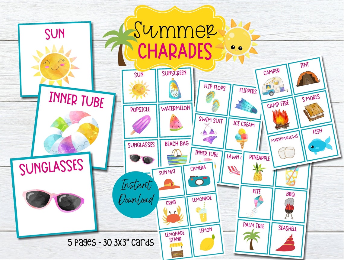 Summer Charades Game Summer Pictionary Game Printable Summer - Etsy