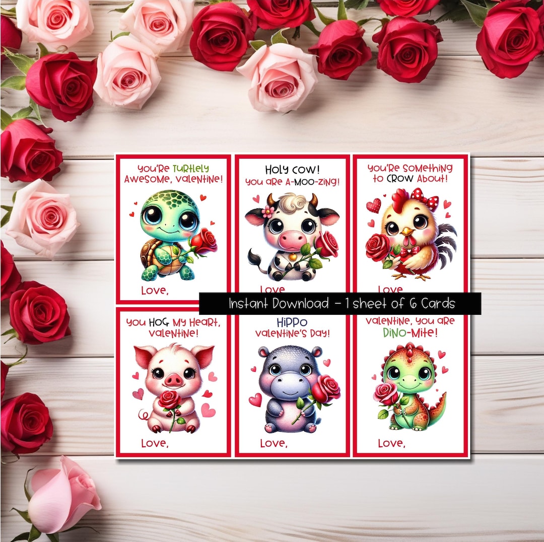 Printable Animal Valentine's Day Cards for Kids, Valentines With ...