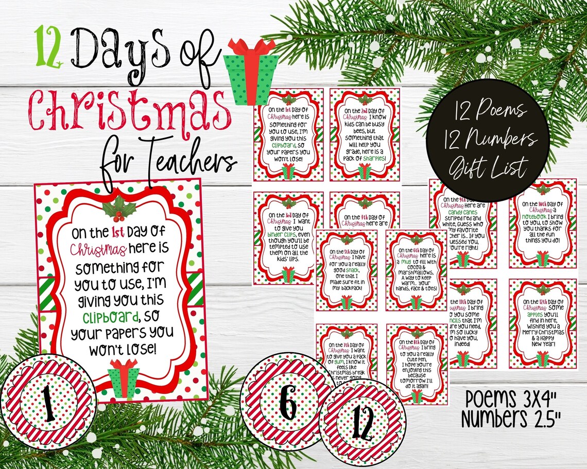Teachers 12 Days of Christmas Poems, 12 Days of Christmas for Teachers ...