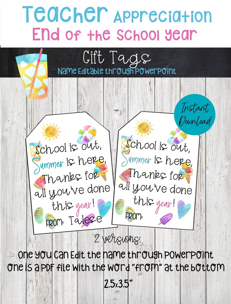 End of School Year Editable Gift Tags Teacher Appreciation - Etsy