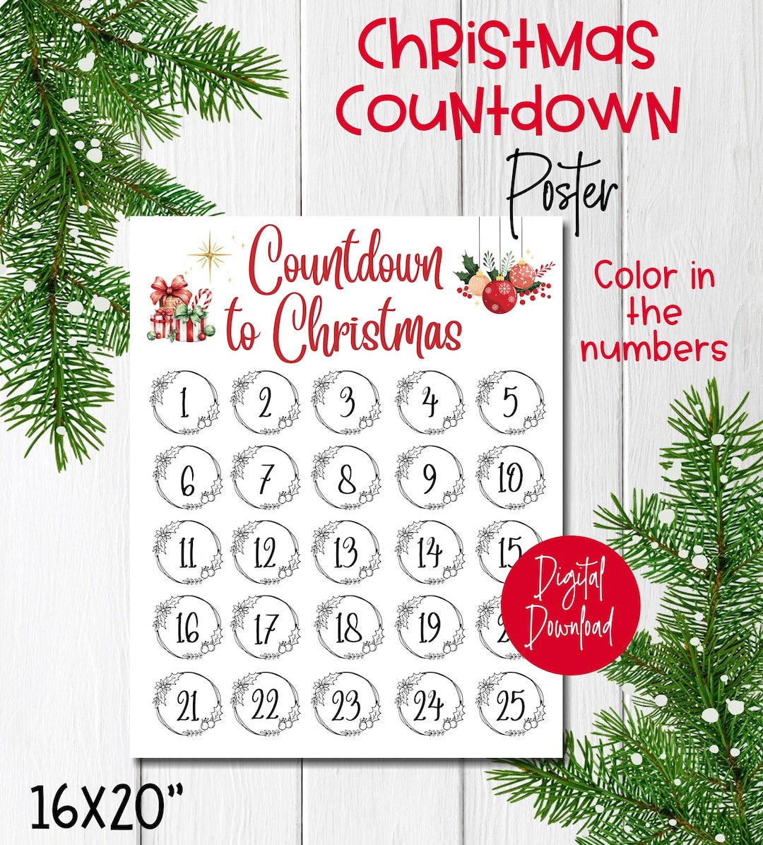 Christmas Countdown Poster Printable- 16x20 Color-in Calendar to Count ...