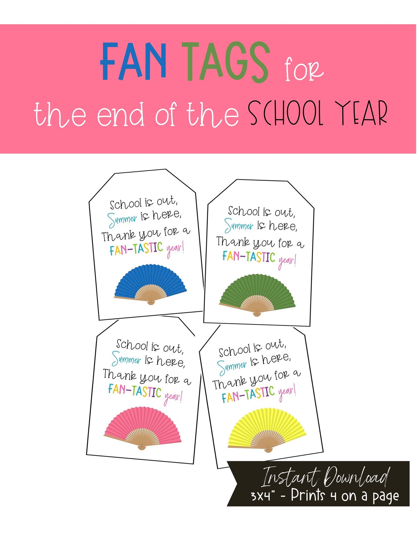 Fan Gift Tags for the End of the School Year, Handheld Fan Tags for ...