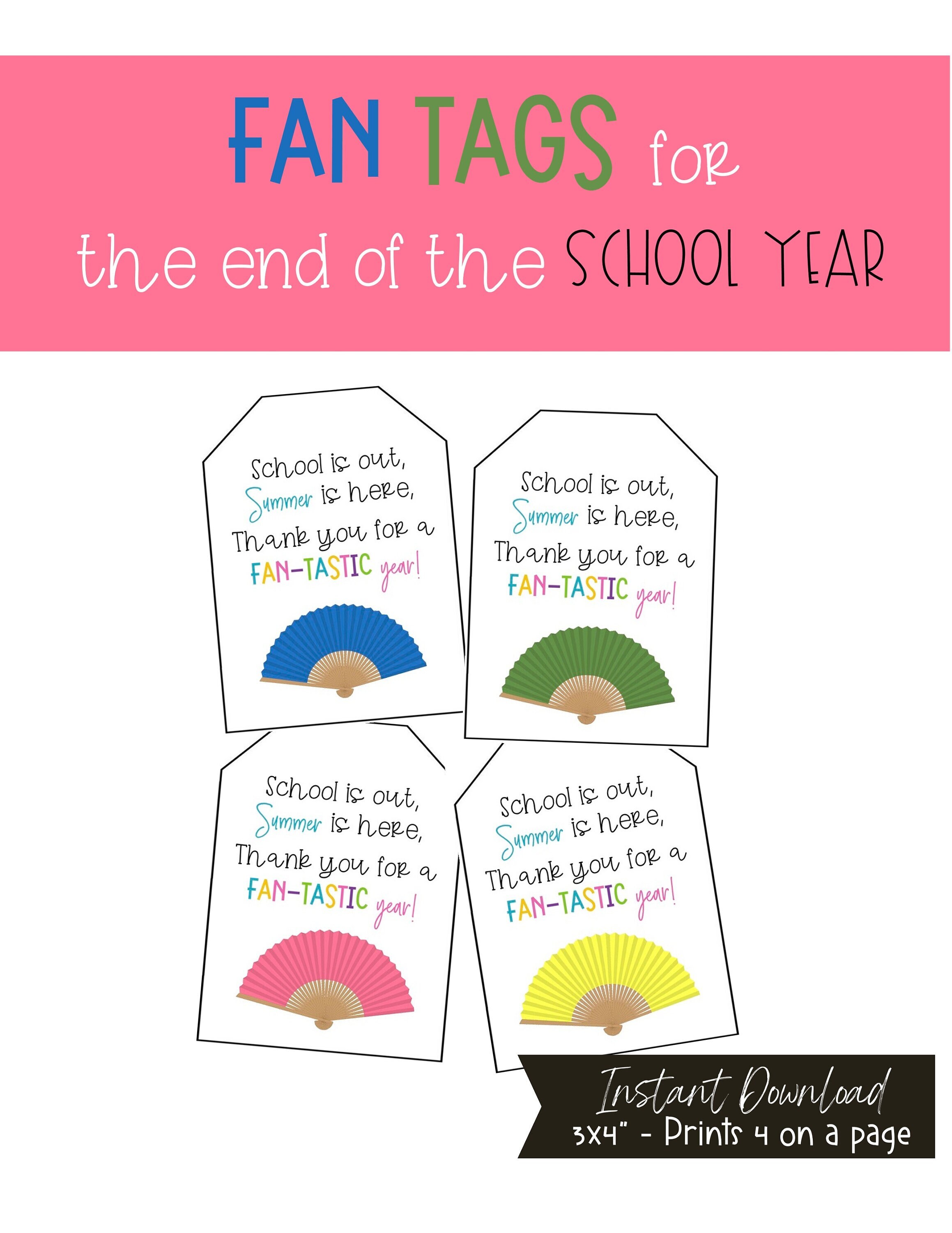 Fan Gift Tags for the End of the School Year, Handheld Fan Tags for ...