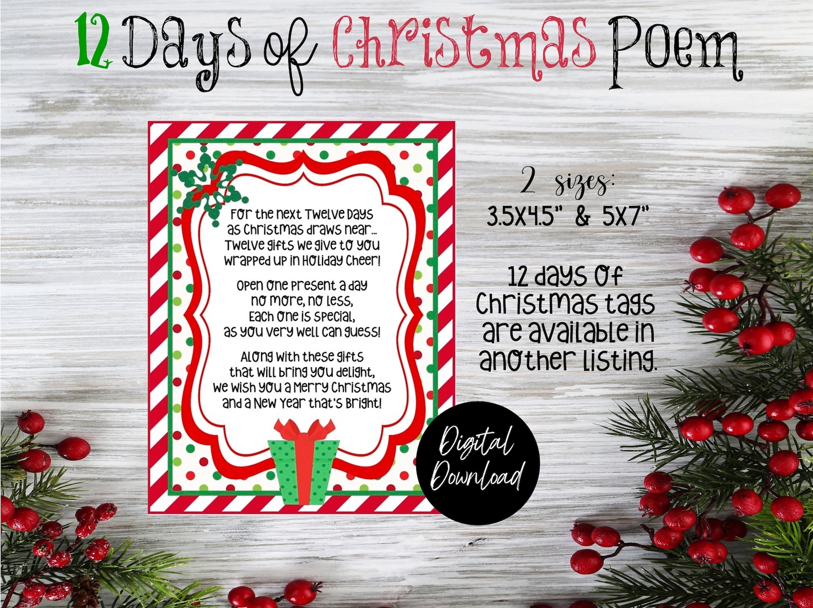 12 Days of Christmas Poem, 12 Days of Christmas Printables, Digital ...