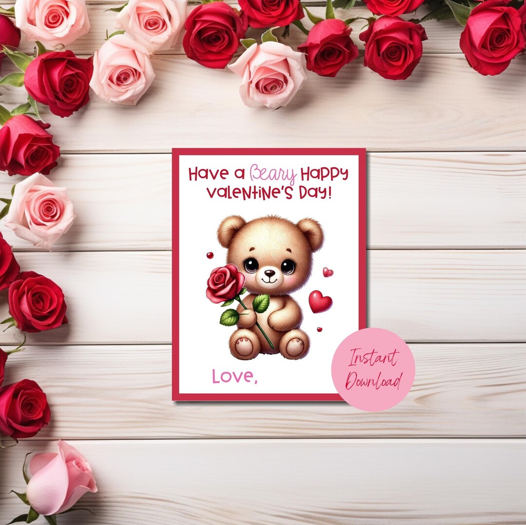 Printable Teddy Bear Valentines, Kids Valentine's Day Cards, Teddy ...
